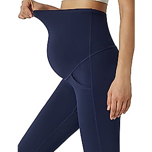 POSHDIVAH Women's Maternity Work Pants Yoga Lounge Stretchy Bootcut Flare Pants Pregnancy Dress Trousers for Business Casual Navy Blue Small