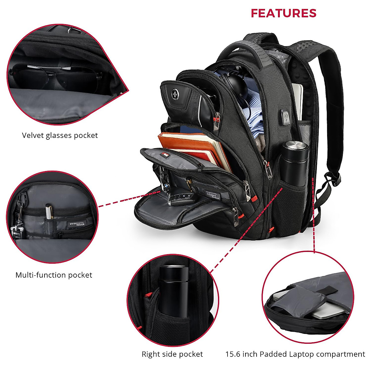 Swissdigital Design Circuit College Business Travel Backpack TSA Friendly Built in USB Charging RFID Protection Fits Laptops up to 15.6" Black (J14-BR)