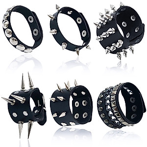 6 Pieces Punk Studded Bracelet Goth Bracelet Leather Rivets Spike Bracelet Cuff Adjustable Metal Wristband Gothic Accessories for Men Women Halloween