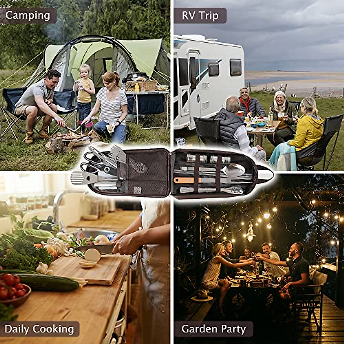 Portable Camping Kitchen Utensil Set, BBQ-21 PCS with Carrying Bag, Stainless Steel Outdoor Cooking and Grilling Utensil, Perfect for Travel, Picnics, RV, Camping