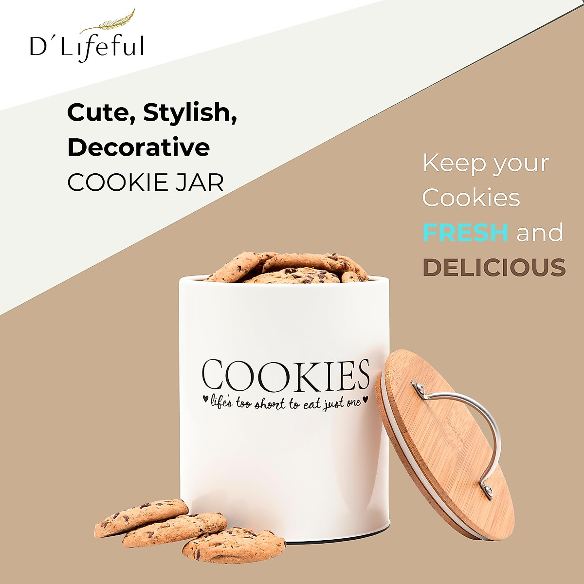 D'Lifeful Farmhouse Cookie Jars for Kitchen Counter with Airtight Seal Bamboo Lid - Decorative Tin Cookie Jar with Lids - Storage Container for Cookies and Baking Supplies