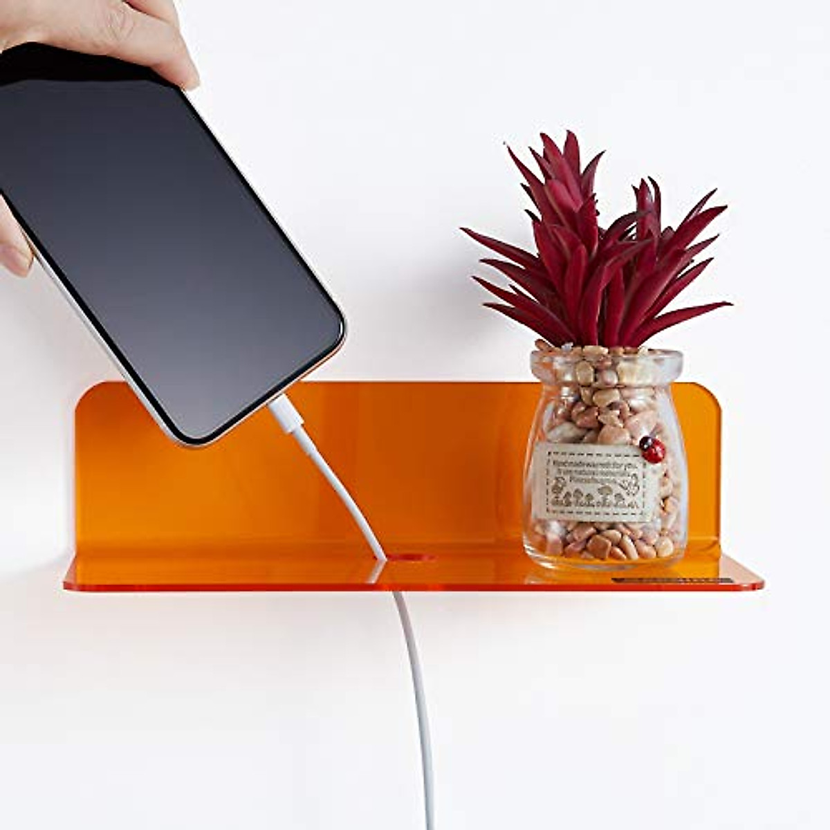 OAPRIRE Small Acrylic Floating Wall Shelves Set of 2, Flexible Use of Wall Space, 9 Inch Adhesive Display Shelf for Security Cameras/Smart Speaker/Action Figures, with Cable Clips - Clear Orange
