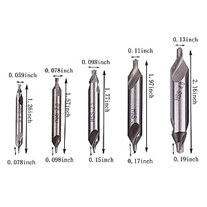 Combined Countersinks Drills Set Tool 5 Pack Center Drill Countersink Lathe Bit Mill Tooling Set Tip Angle 60 Degree Bits for Metal, Alloy, Copper, Iron, Aluminum, Titanium and Wood Working