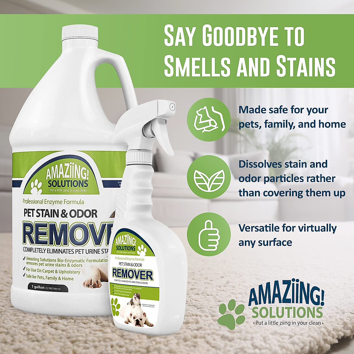 Amaziing Solutions 2-Pack Pet Stain and Odor Remover Enzyme Cleaner, Pet Urine Odor Eliminator Spray w/Gallon Refill - All Purpose Cleaner to Eliminate Pet Odor for Carpet and Hardwood Floors