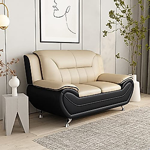 Container Furniture Direct Michael Modern Faux Leather Upholstered Stainless Steel Legs Living Room Loveseat, Camel/Black