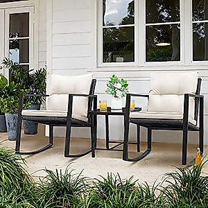 Devoko 3 Piece Rocking Bistro Set Wicker Patio Outdoor Furniture Porch Chairs Conversation Sets with Glass Coffee Table (Beige)