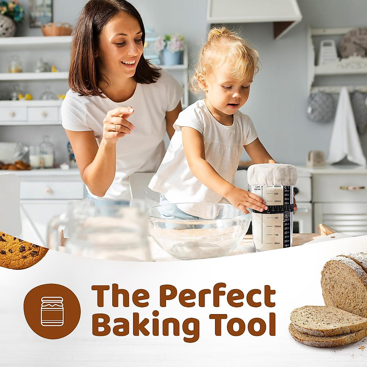 Jodhu Sourdough Starter Jar Kit 24oz with Spatula & Dough Scraper Wide mouth Aluminium lid thermometer Dated Rubber feeding band Sewn cloth cover for baking Sourdough culture bread yeast