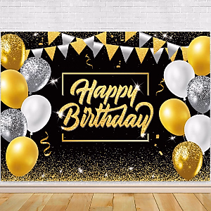 5x3ft Happy Birthday Backdrop Yellow Silver Balloon Banner Decorations for Large Family Gathering Yard Sign Backgroud for Men Women Boys Girls Party Indoor Outdoor Poster Decor Supplies