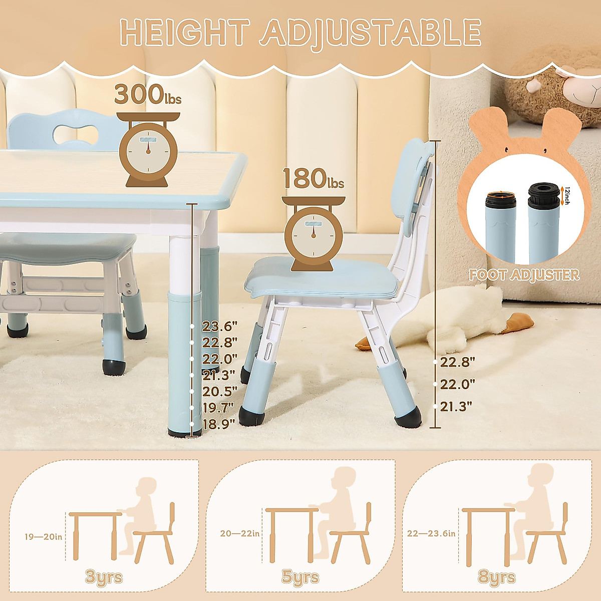 SINKIPA Height-Adjustable Kids Table and Chairs, 31.5''L x 23.6''W Toddler Table and 4 Chairs set with Anti-Slip Foot Covers, Children Activity Table for Ages 2-10, Graffiti Desktop