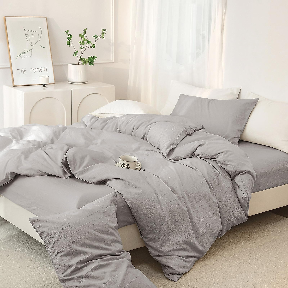JIYUAN 100% Washed Cotton Duvet Cover Set Comfy Simple Style Soft Breathable Textured Durable Linen Feel Bedding for All Seasons King, Cream Grey