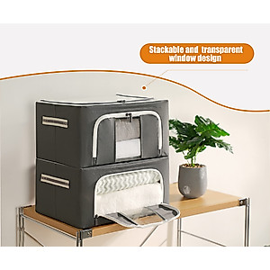 Furnhome Clothes Storage Organizer Bins, Stackable Storage Bins-Foldable Oxford Cloth Steel Frame Storage Box for Clothing Storage with Clear Window & Reinforced Handles (Dark Grey, 22L, 3PCS)