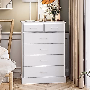FOTOSOK 6 Drawer Dresser, White Dresser Tall Dresser Wood with Metal Handles, White Modern Chests of Drawer Tall White Dresser for Home, 15.7'' x 27.6'' x 37.8''