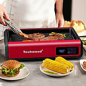 800R double Indoor Smokeless Grill Techwood 1500W Electric Grill with Tempered Glass Lid & LED Smart Control Panel, 8-Level Control Korean BBQ Grill, Red