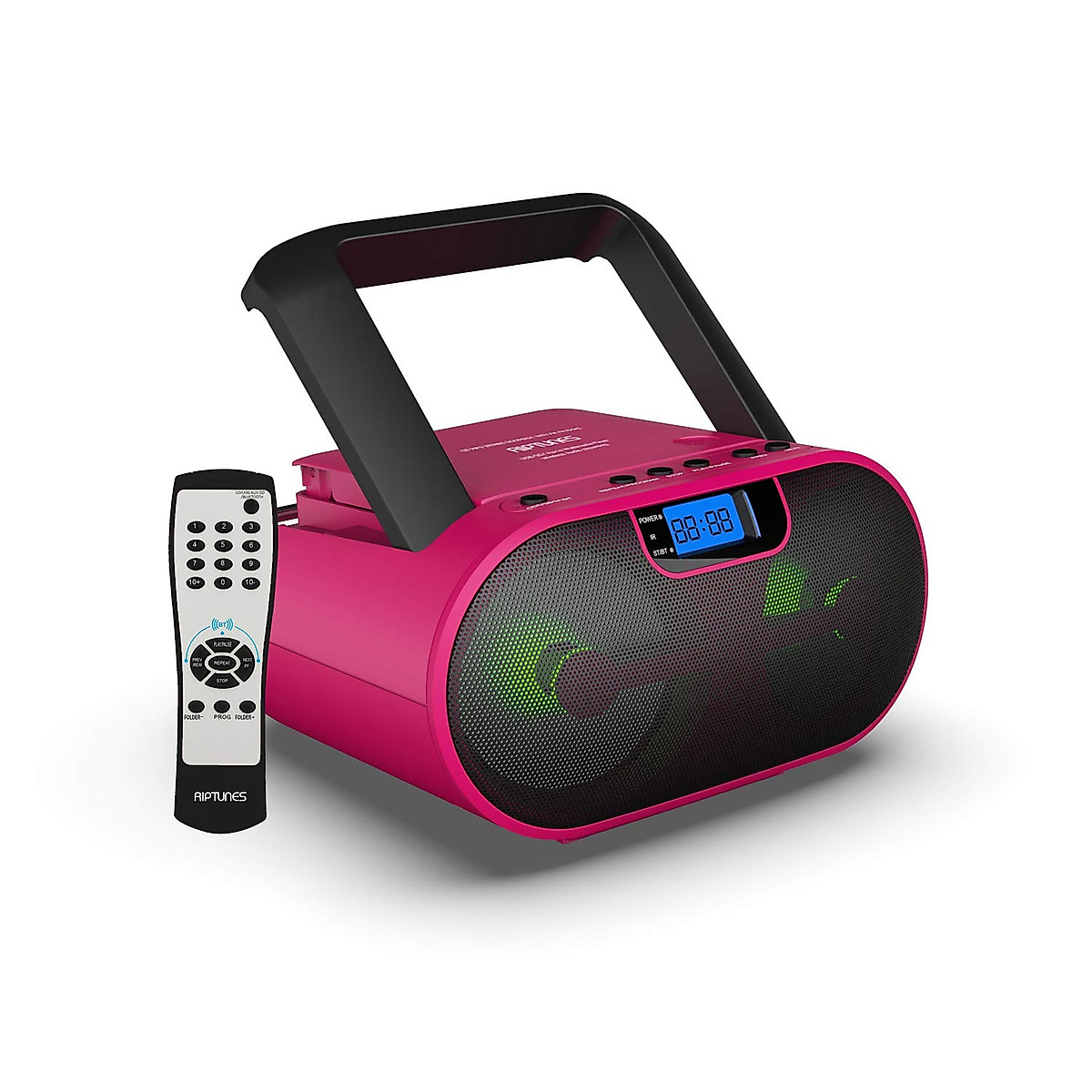 Riptunes CD Player Boombox Portable Radio AM/FM Bluetooth Boombox MP3/CD, USB, mSD, Aux, Headphone Jack Stereo Sound System with Enhanced Bass, LED Lights, LCD Display with Remote, Pink