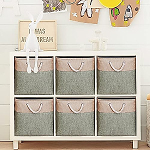 Extra Large Cube Storage Baskets (13 × 13 × 13 inches), Canvas Fabric Storage Boxes with Cotton Handles for Cupboards, Shelves, Clothes, Toys, Towel (Large, Green)