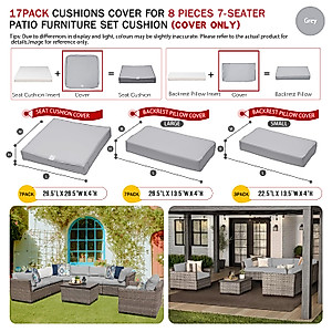 ClawsCover 17Pack Outdoor Seat and Back Cushions Replacement Covers Fit for 8 Pieces 7-Seater Wicker Rattan Patio Furniture Conversation Set Sectional Couch,Gray-Include Cover Only