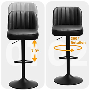 DICTAC Leather Bar Stools Set of 2, Black Barstools Bar Height Set of 2, Swivel Counter Height Bar Stools, Adjustable Bar Chairs for Kitchen, Capacity 400lbs