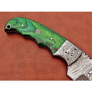 9.5" Hand Forged Damascus Steel Gut Hook Skinning Knife, Green Wood Scale with Damascus Bolster, Full Tang Blade Twist Pattern Drop Point Blade, Cow Hide Leather Sheath