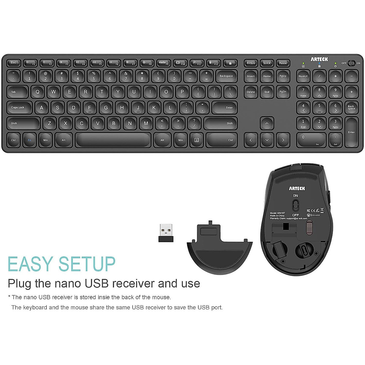 Arteck 2.4G Wireless Keyboard and Mouse Combo Ultra Slim Full Size Keyboard Keyboard and Ergonomic Mice for Computer Desktop PC Laptop and Windows 11/10/8/7 Build in USB-C Rechargeable Battery