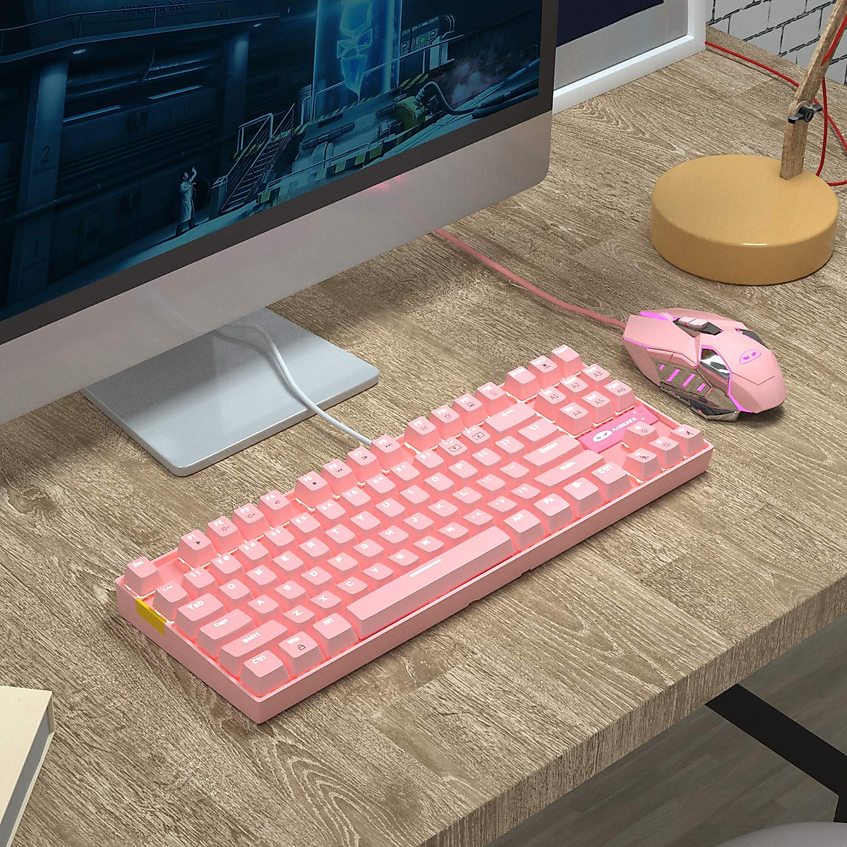 MageGee Mechanical Gaming Keyboard with Blue Switch, Compact 87 Keys Wired Computer Keyboard for Windows Laptop PC Gamer, LED White Backlit, Pink