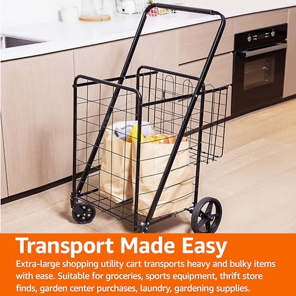 Amazon Basics Foldable Shopping Utility Cart with 360-Degree Wheels, X-Large, Black