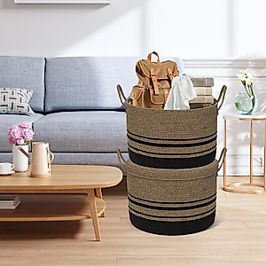 ORGMASTER Laundry Basket with Lid, Woven Cotton Rope Laundry Hamper Foldable Storage Organizer Bin Blanket Basket for Comforter, Cushions, Clothes, Pillows, 20.5x20.5x15 Inch, Deep Brown/Black