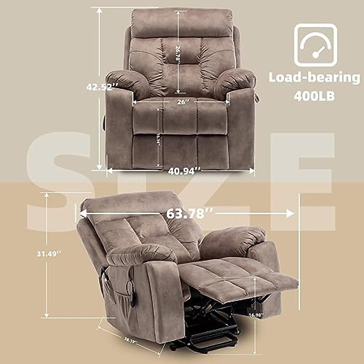 Cobplns 27in Extra Wide Recliner Chair-Living Room Chair，Ultimate Comfortable Goose Down Massage Chair, 400 lbs of Weight-Bearing Power Lift Recliners for Elderly（Light Brown）