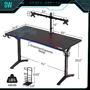 SEVEN WARRIOR Gaming Desk 55INCH with Power Outlet & Dual Monitor Mount, Carbon Fiber Surface Computer Gamer Desk with Full Desk Mouse Pad, Ergonomic Y Shaped Gamer Table with Outlet Organizer