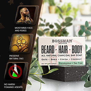 Bossman Men’s Bar Soap 4-in-1 – All Natural Organic Beard Wash, Shampoo, Body Wash, Shaving and Bath Soap - Essential Beard Care (4oz), Scent- Eucalyptus and Tea Tree