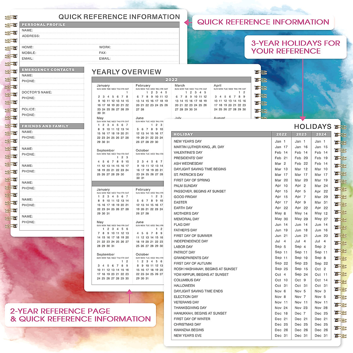 Appointment Book 2022-2023 - 2022-2023 Daily Hourly Planner, 8" x 10", July. 2022 - June. 2023, with 30-Minute Interval + Thick Paper + Round Corner + Twin-Wire Binding - Watercolor Ink