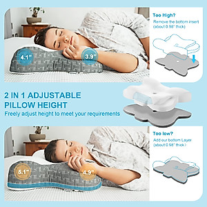 Elviros Cervical Memory Foam Neck Pillow for Pain Relief, Adjustable Orthopedic Support Pillows for Sleeping, Ergonomic Bed Pillow for Side, Back, Stomach Sleepers, Queen Size, Grey