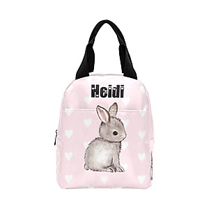 zaaprintblanket Custom Name Lunch Bag For Men Women Personalized Pink Bunny Cooler Lunch Box Portable with Name for Gift Workout Camping