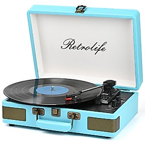 Retrolife Record Player 3 Speed Bluetooth Portable Suitcase Vinyl Player with Built-in Speakers Turntable Enhanced Audio Sound PU Leather Vintage Blue