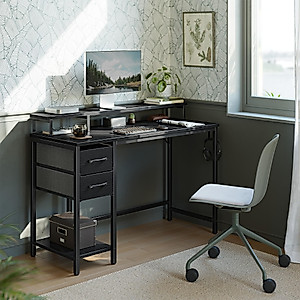 CubiCubi Computer Desk with Drawers, 47 Inch Reversible Office Desk with Monitor Stand and Storage Shelves, Work Writing Study Desk Table for Home, Black