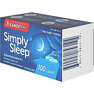 Tylenol Simply Sleep Nighttime Sleep Aid Caplets with 25 mg of Diphenhydramine HCl, Non-Habit Forming Sleep Aid for Adults, 100 ct