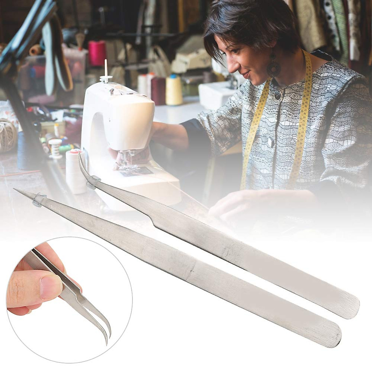 HEEPDD Tweezers, 4PCS Serger Tweezers with Serrated Tips Serrated Bent Tweezers Tips Stainless Steel Straight Tweezer Tip Curved Anti Static Tweezers Sewing Machine Accessory