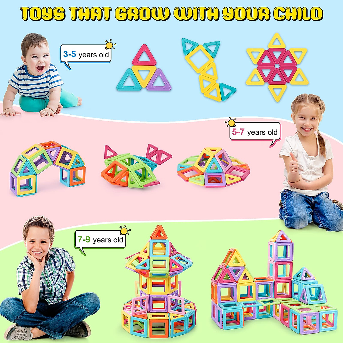 Magnetic Blocks Tiles Toddler Building Toys Edition for 3 4 5 6 7 8 Year Old Girls and Boys Gifts Magnetic Building Toys STEM Learning Educational for Kids Candy Color 52PCS