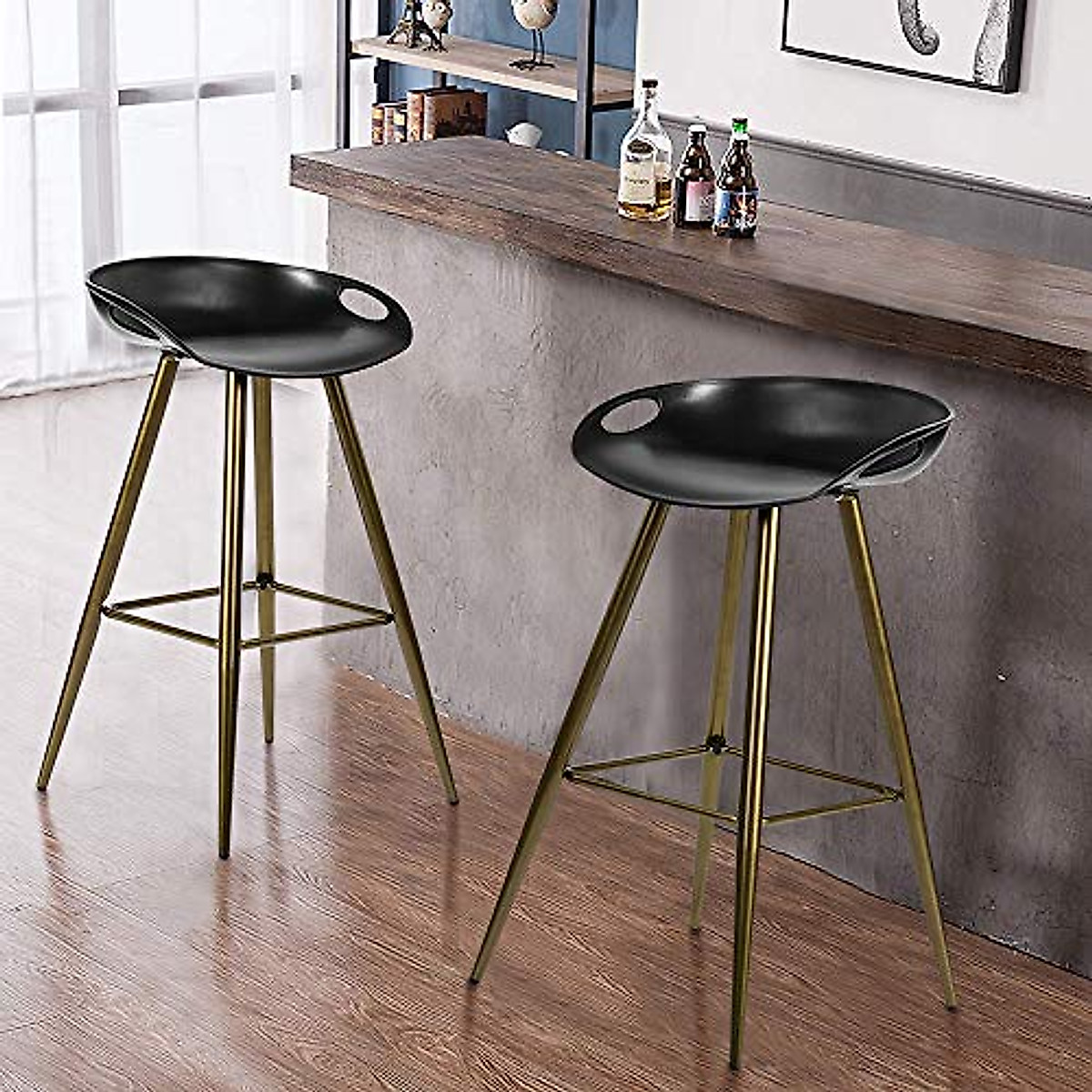 Set of 2 Bar Stools, 32.3-inch Simple Modern Style High Counter Stool with Low Backrest & Footrest & Metal Legs & PP Seat for Kitchen Patio Balcony, Black & Bronze
