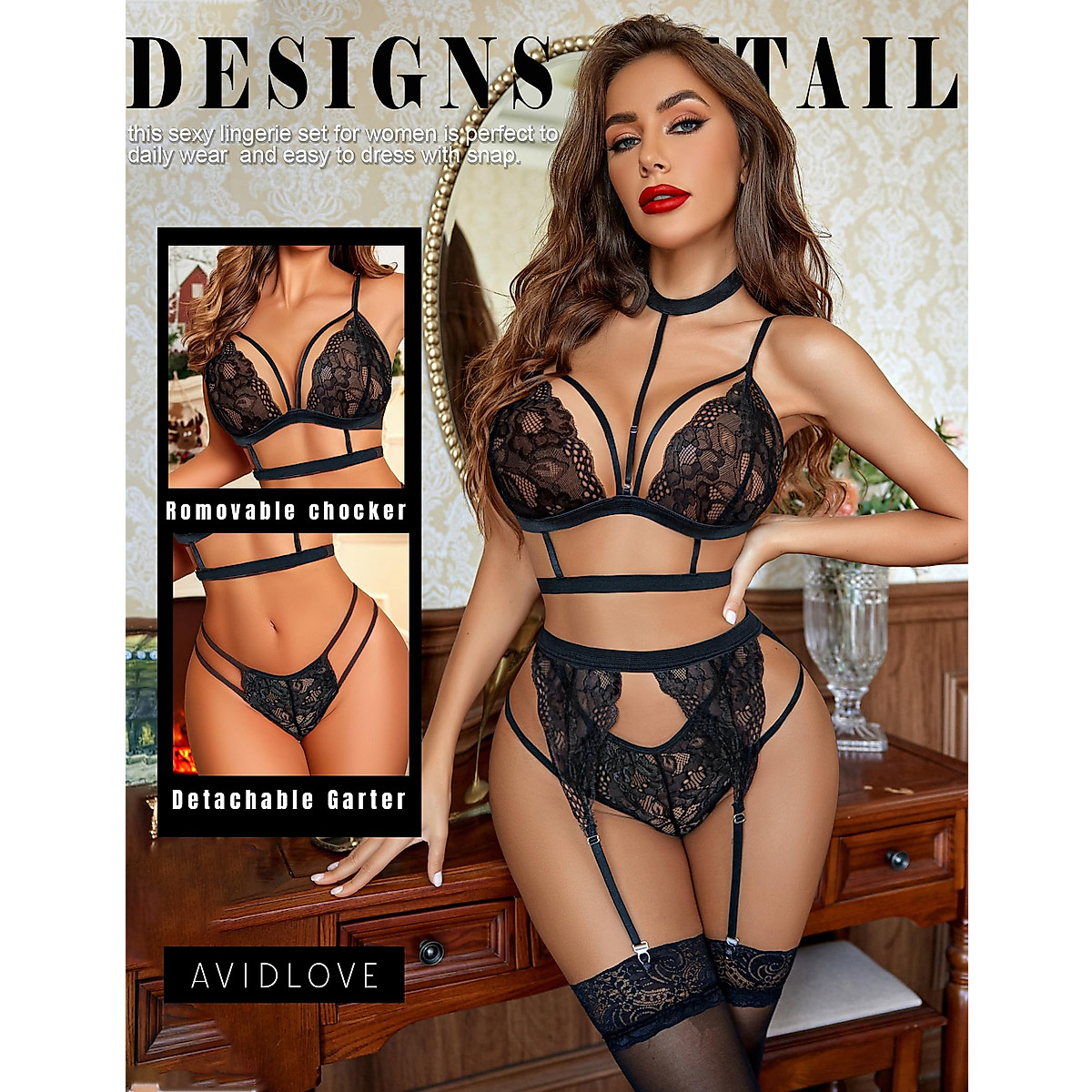 Avidlove Women Lace Garter Lingerie Set Sexy Bralette Bra and Panty Set(Black,Small)