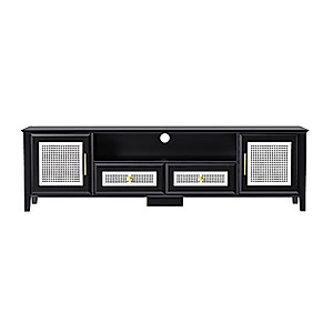 LZ LEISURE ZONE Farmhouse Rattan TV Stand for TVs up to 65", Boho Style Entertainment Center with Gold Metal Handles, Modern TV Console Table with Drawers and Cabinets for Living Room, Black