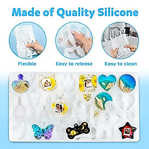 Mocoosy 182Pcs Resin Molds Silicone Kit for Beginners, 32 Cavities Pendants Molds for Epoxy Resin Casting, Variety Shaped Keychain Making Set DIY Ornaments Crafts Supplies