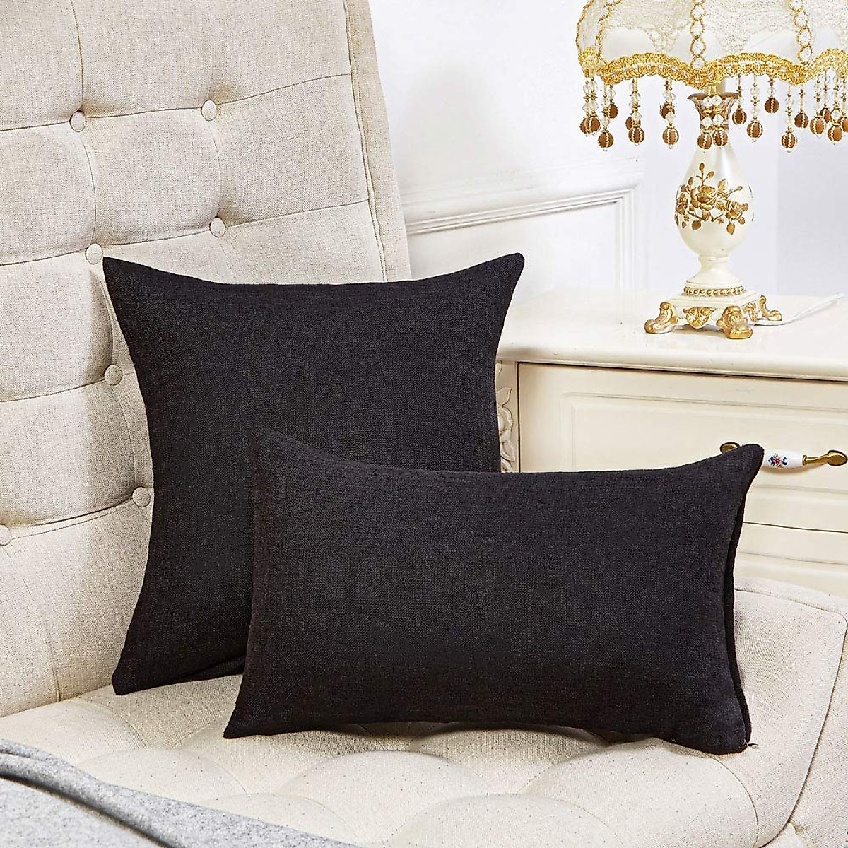 Anickal Set of 2 Black Pillow Covers Rustic Linen Decorative Square Throw Pillow Covers 18x18 Inch for Sofa Couch Decoration