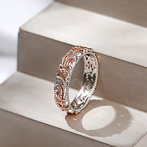 Jeulia Floral Ring Band Sterling Silver Two Tone Leaf Carved Vintage Unique Hollow Flower Rose Gold Jewelry Engagement Wedding Bridal Sets Stackable Anniversary Promise with Gift Box (Floral, 7)