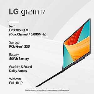 LG gram 17” Lightweight Laptop, Intel 13th Gen Core i7 Evo Platform, Windows 11 Home, 16GB RAM, 1TB SSD, Black