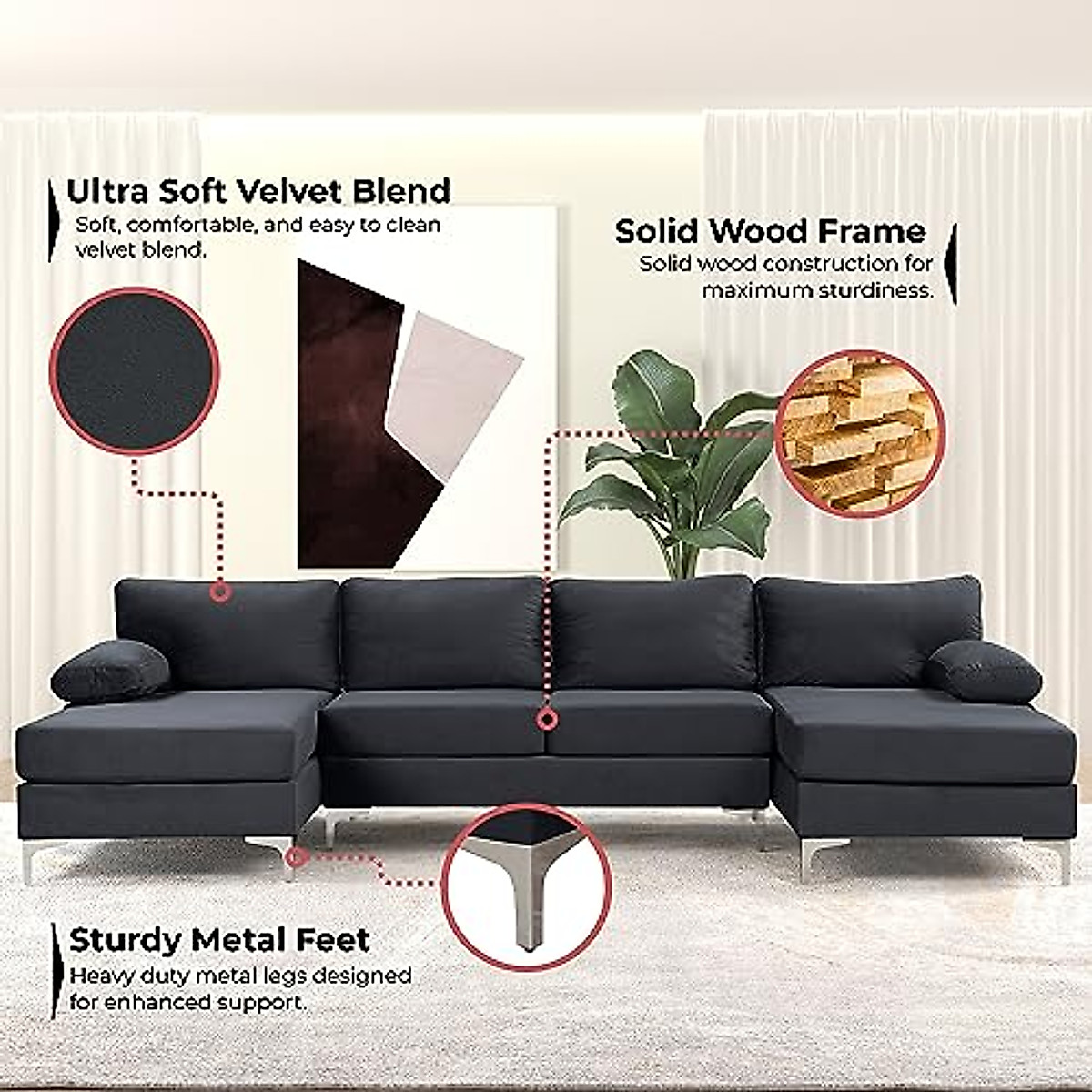 Casa Andrea Milano Modern Large Velvet Fabric U-Shape Sectional Sofa, Double Extra Wide Chaise Lounge Couch