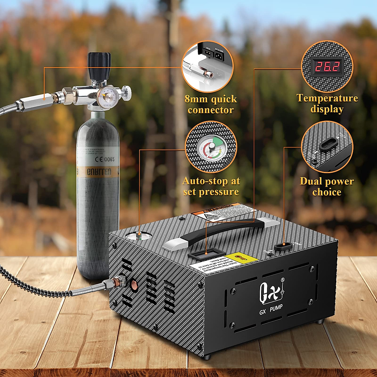 GX PUMP PCP Air Compressor CS1-I with Built-in Power Apdater,Auto Stop,Oil & Water-Free,4500Psi/30Mpa,Powered by 110V /220V AC or 12V DC,PCP Compressor Pump for Air Gun and Paintball/Scuba Tank