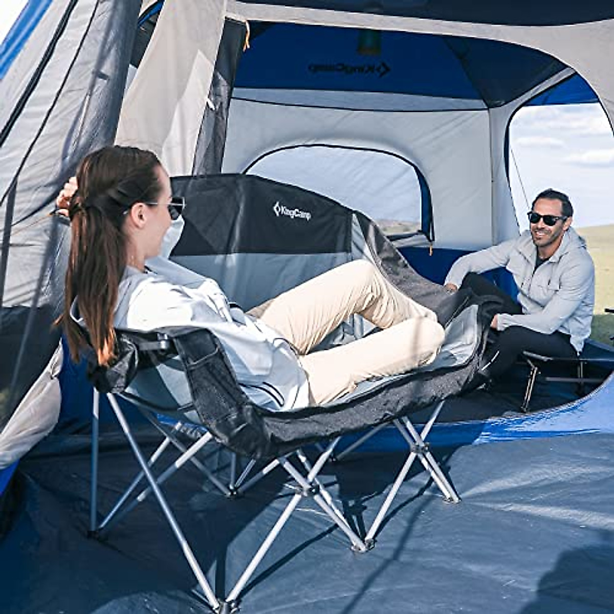 KingCamp Double Camping Chair Loveseat Heavy Duty for Adults Two Person Outdoor Folding Chairs with Cup Holder Wine Glass Holder Support 441lbs for Outside Picnic Beach Travel(Black)