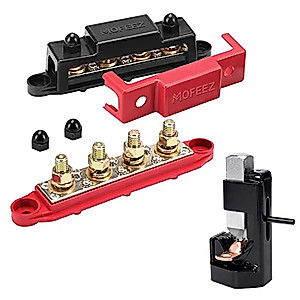 MOFEEZ Busbar Tool Set, Including 4 x 3/8" Power Distribution Block Bus Bar with Cover, Hammer Lug Crimper Tool for 8 AWG - 0000 AWG Battery and Welding Cables