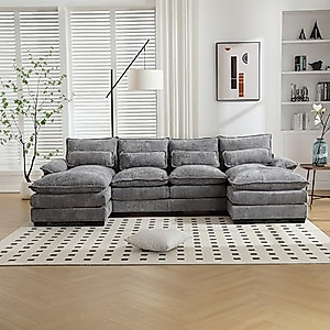 6 Seater Overstuffed Modular Sectional Sofa Cloud Couch with Double Chaise Lounge, U Shaped Chenille Upholstered Leisure Sofa&Couches with Memory Foam and Waist Pillows for Living Room Office