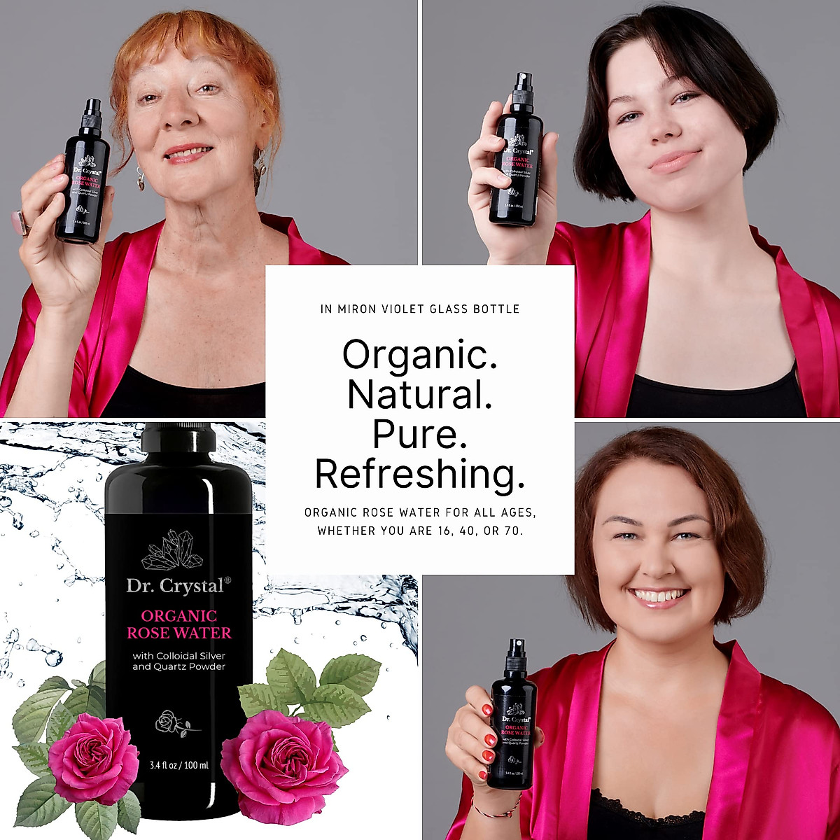 Rose Water for Face & Hair - CERES Certified Organic Rosewater. Facial Toner, Alcohol-Free Makeup Setting Hydrating Spray Mist. 100% Natural Anti-Aging Petal Rosewater by Dr.Crystal, 3.4oz Travel Size